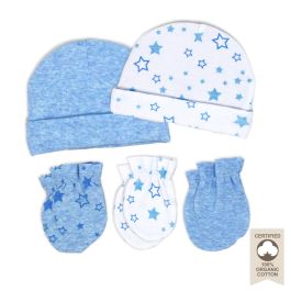 5-Piece Cap and Scratch Mitten Set: Blue Heather Stars