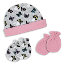 3-Piece Cap and Scratch Mitten Set: Pink Butterfly